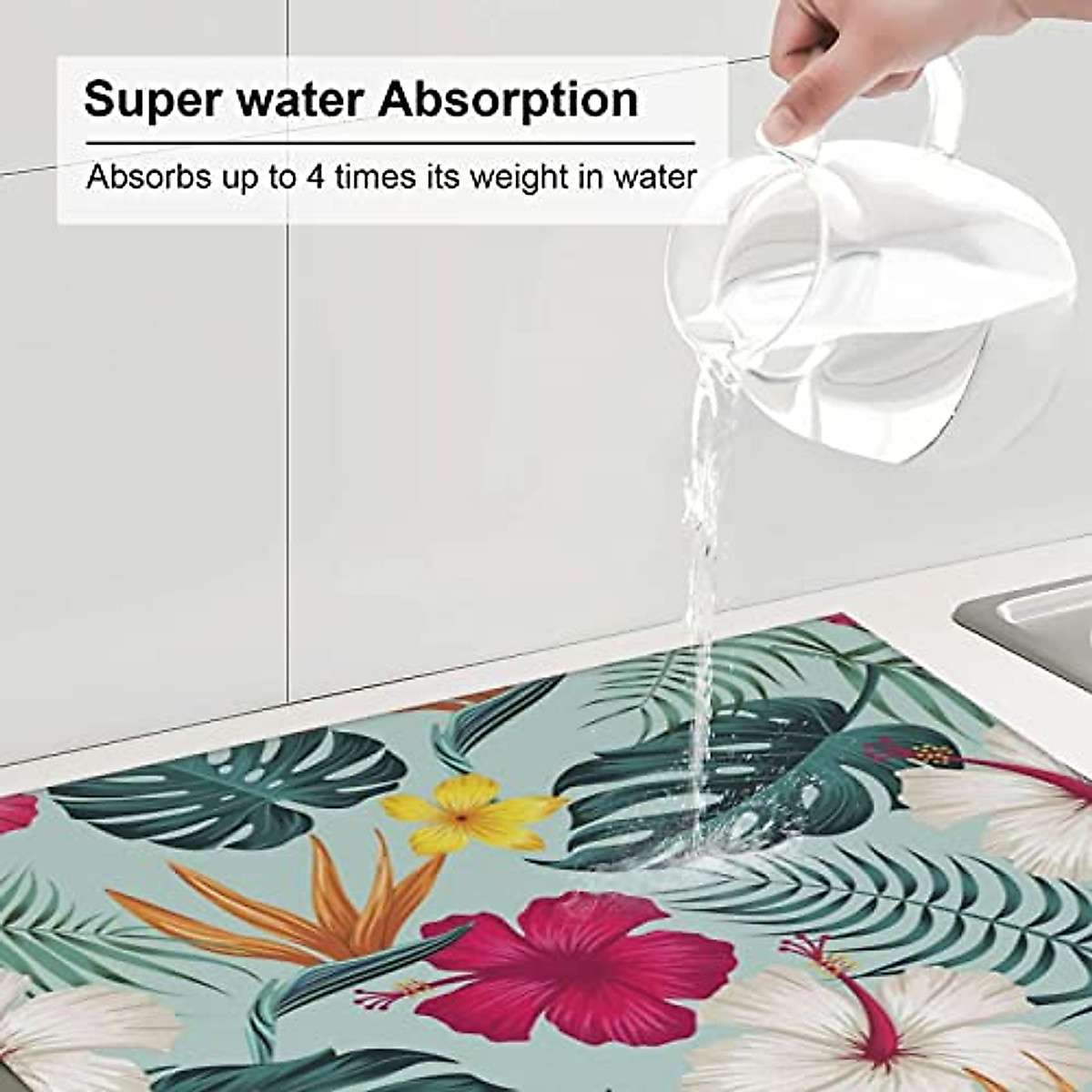 hojas tropicales y flores Printed Drying Mat For Kitchen Ultra Absorbent Microfiber Dishes Drainer Mats Non-Slip Silicone Quick Dry Pad - 18 X 16inch