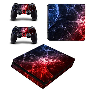 Wodoys Vinyl Stickers Skins Fit for PS4 Slim Console and Controllers Suit Whole Body, Blue Red Nebula