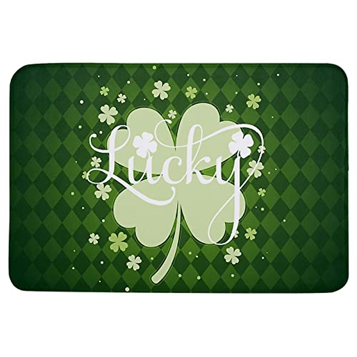 Front Door Mats Outdoor Indoor Kitchen Mat, St. Patrick's Day Lucky Shamrocks Clovers Green Diamond Plaid Entrance Doormat Non-Slip Bathroom Rugs Washable Floor Mats for Sink/Porch, 16" x 24"