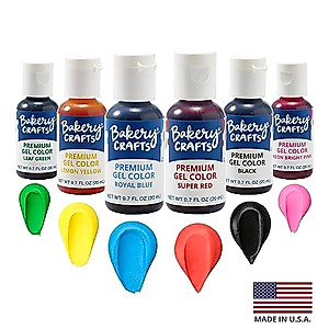 Bakery Crafts Premium Gel Food Color 6 Bottle Assortment, 4.2 Fl Oz, Edible Coloring For Use with Cake Mix, Buttercream, Whipped Icing, Fondant & Piping Gel, Highly Concentrated, Red, Pink, Yellow, Green, Blue, Black - 6 x 0.7FL