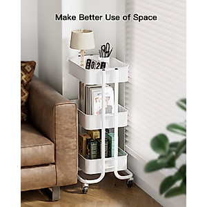 Pipishell 3 Tier Metal Rolling Utility Cart, Heavy-Duty Storage Rolling Cart with 2 Lockable Wheels, Multifunctional Mesh Organization Utility Cart for Kitchen Dining Room Living Room (White)