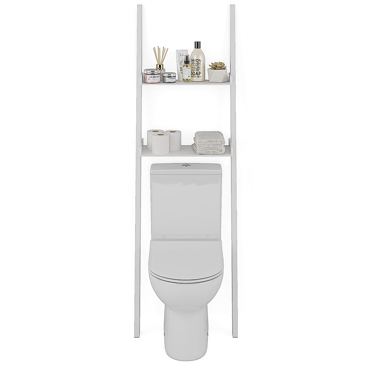 Ballucci Over The Toilet Storage Shelf, 2-Tier Over Toilet Bathroom Organizer, Bath Towel Rack and Behind Toilet Organizer Leaning Shelf, Modern Bathroom Decor Ladder Shelves, White