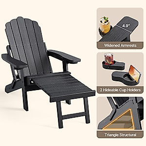 Ahomly Adjustable Backrest Adirondack Chair with Ottoman & 2 Cup Holders, HIPS All-Weather Folding Adjustable Adirondack Chair, for Outdoor, Beach, Pool, Porch, Lawn, Black