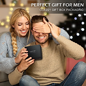 typecase Mens Wallet Card Holder: Pop Up Aluminum Case, Genuine Leather, Smart, RFID Blocking, Slim, Minimalist, Front Pocket - 9-14 Card Capacity | ID Window | Cash Slot (Carbon Fiber)