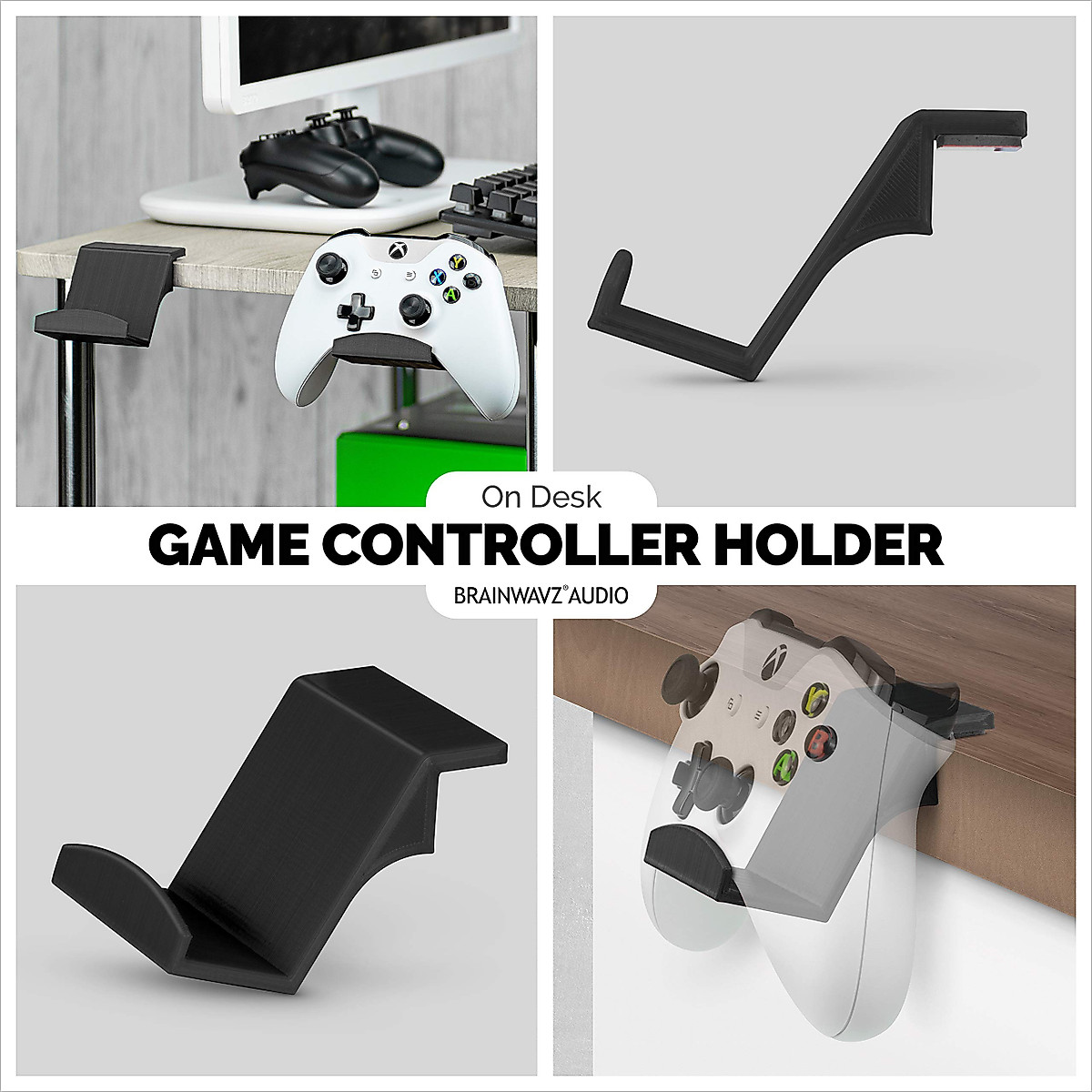 BRAINWAVZ 4 Pack - Game Controller Desktop Stand Holder for Xbox ONE 360 Switch PS4 STEAM PC Nintendo, Universal Gamepad Accessories - No Screws, Stick on, Black