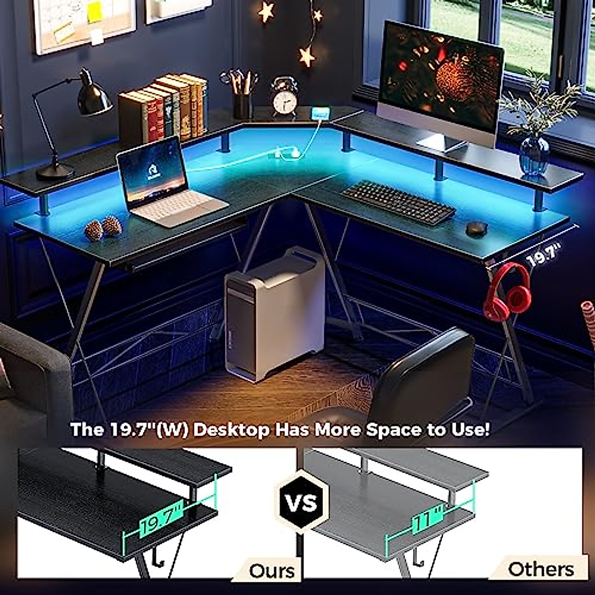 Rolanstar L Shaped Computer Desk with LED Lights and Power Outlets, 54" Gaming Desk with Keyboard Tray, Corner Desk with Monitor Stand, Home Office Desk with Hook, Black
