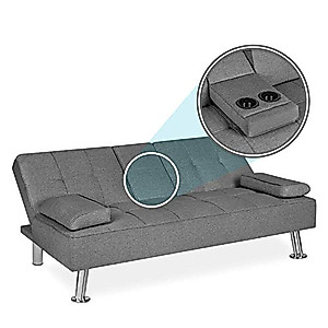 Grey Linen Upholstered Convertible Futon Sofa Bed With Cup Holder Couch Recliner Lounger Sleeper Home Living Room Bedroom Apartment Studio Modern Space Saving Furniture Décor Multifunctional Versatile