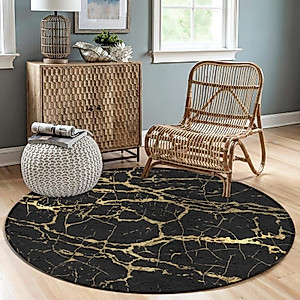Meaudiwes Soft Round Rug Classic Indoor Floor Mat, Washable & Stain Resistant Area Rug for Bathroom, Dining Room, Hallway, Gold Marble Black