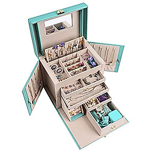 SANSREPONSE Jewelry Box Large Organizer Faux-Leather with Mirror Drawers Lock Gift for Women (TF Blue-L)