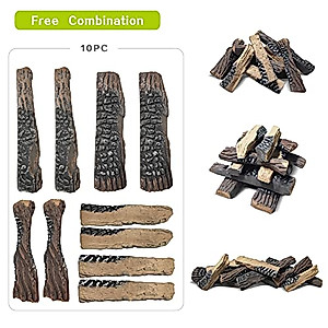 Large Gas Fireplace Logs, Set of 10 Ceramic Logs for Gas Fireplace, Artificial Realistic Firewood Logs, Indoor Outdoor Gas Logs for Fireplace Firepit, Ventless & Vent Free