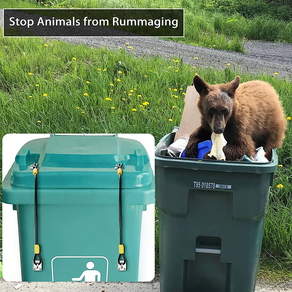 JUXYES Pack of 4 Universal Outdoor Bear Proof Trash Can Lock, Metal Trash Can Lid Locks for Animals Stop from Rummaging, Outdoor Garbage Can Buckle Lock, Long-Lasting Rubber Coated Braided Wire Rope