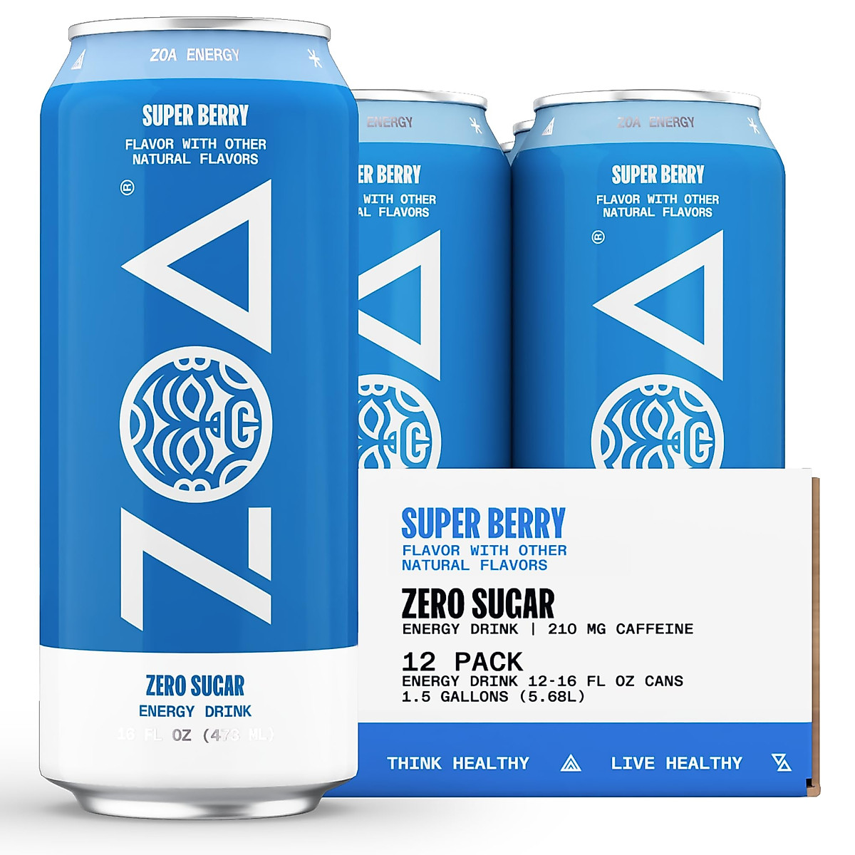 ZOA Zero Sugar Energy Drinks, Super Berry - Sugar Free with Electrolytes, Healthy Vitamin C, Amino Acids, Essential B-Vitamins, and Caffeine from Green Tea - 16 Fl Oz (12-Pack)