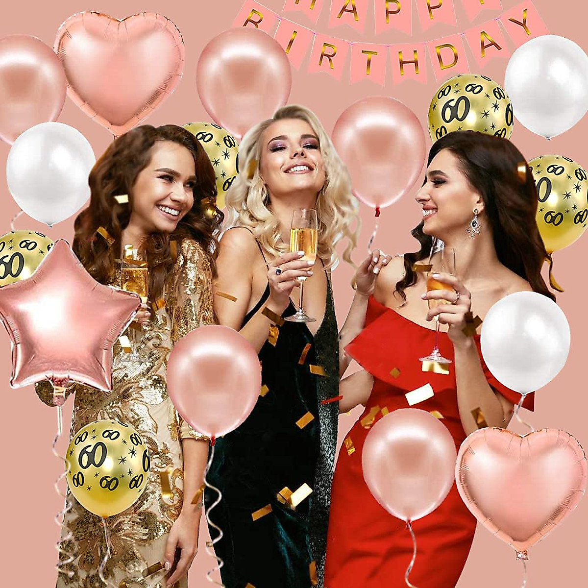 41Pcs 60th Rose Gold Birthday Decoration,Pink Birthday Decor,Rose Gold Balloons,Rose Gold Glittery Happy Birthday Banner for Women Birthday Party Supplies