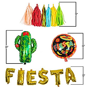 FIESTA PARTY Decorations Supplies kit - Cactus decor foil Balloons, Gold Fiesta balloon banner, Fiesta helium balloons, Coco party paper tassel garland, Mexican party style paper fans- Cinco de mayo