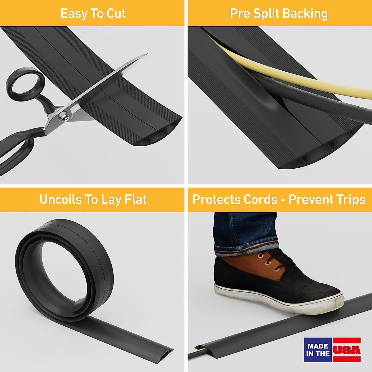 D-Line 6ft Floor Cord Cover, Cable Protector, Hide Extension Cords, Protect Cords, Prevent Cable Trips, Heavy Duty Cord Hider - Cable Cavity = 0.63" (W) x 0.31" (H) - Black