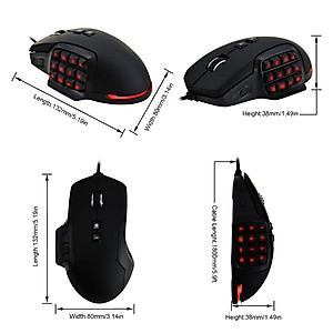 A ADWITS MMO Programmable Gaming Mouse, Pixart True 10000 DPI Sensor, Ergonomic Design with Customizable 17 Buttons, LED Light, 4 x 5g Weights and Polling Rate Up to 1000 Hz, Black
