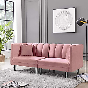 SLEERWAY Velvet Futon Sofa Bed with Two Pillows, Modern Sleeper Sofa Couch with 3 Adjustable Angles, Convertible Small Loveseat for Living Room, Pink