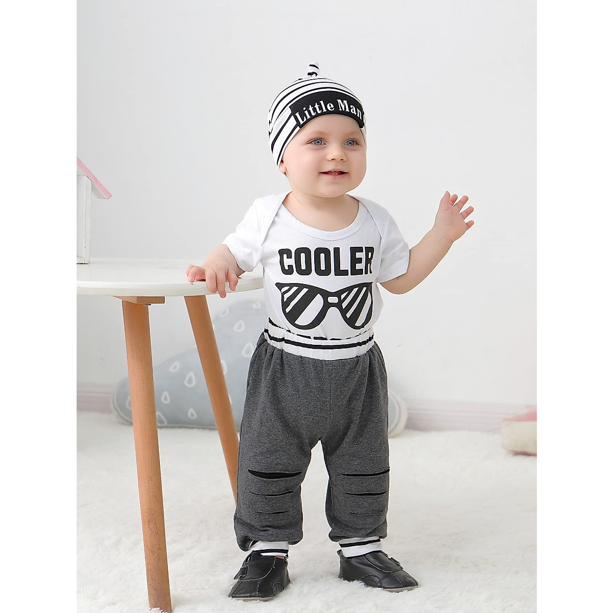 DISAUR Baby Boy Clothes Newborn Boy Outfits, Infant Short Sleeve Letter Print Romper+Long Pants+Hat 3PC Clothing Set(3M,White)