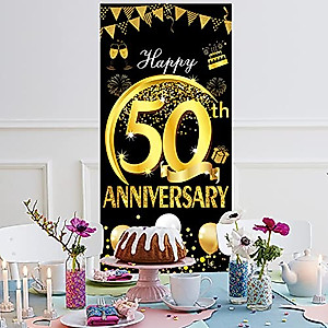 Kauayurk Happy 50th Anniversary Door Banner Backdrop Decorations, Large 50th Wedding Anniversary Door Cover Party Sign Supplies, Black Gold Happy 50th Anniversary Poster Decor