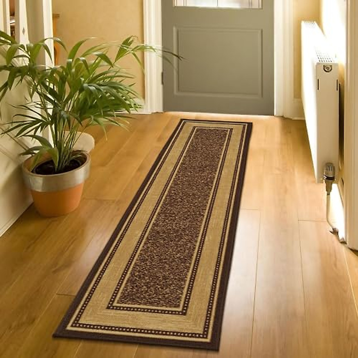 Ottomanson Machine Washable Bordered Design Non-Slip Rubberback 2x5 Traditional Runner Rug for Hallway, Kitchen, Bedroom, Entryway, 20" x 59", Brown