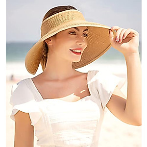 Summer Sun Visors for Women Wide Brim Roll Up Straw Beach Sun Visor Hats Womens Sun Hat Women Beach Hats for Women Foldable Sun Hats for Women, Natural Visors for Women