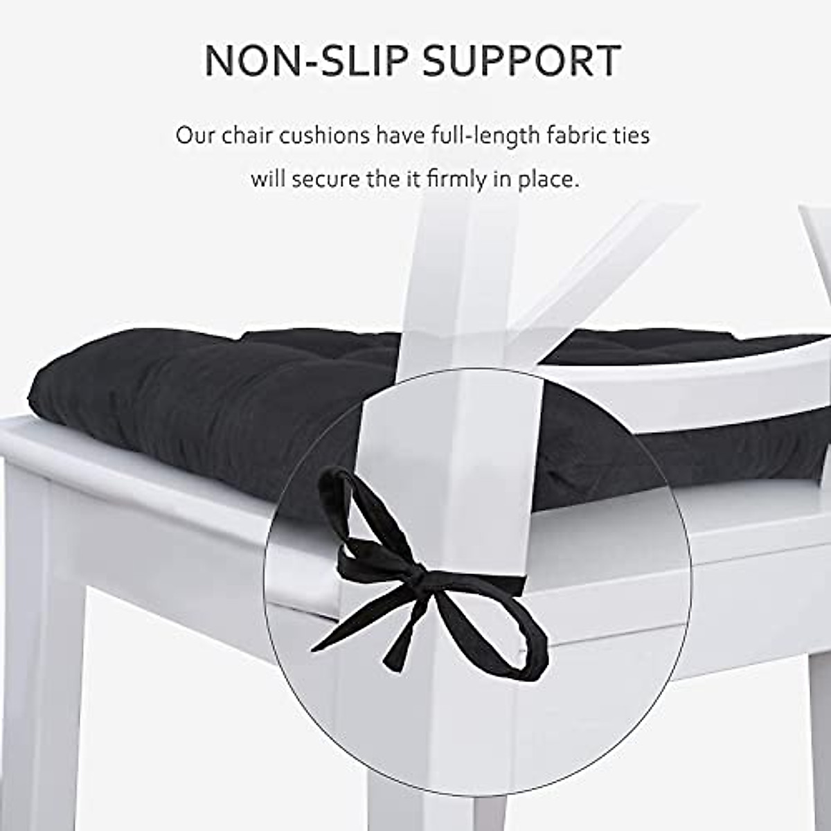 ELFJOY 4 Pack Chair Cushions for Dining Chairs 17x17 inch Seat Cushions for Kitchen Chairs Soft and Comfortable Square Chair Pads with Ties, Black