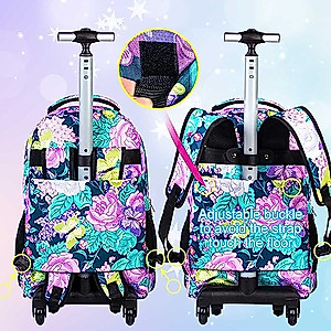 Rolling Backpack for Girls, 21 Inch Water Resistant Flowers Butterfly Bookbag with Roller Wheels, Elementary Wheeled Backpacks for Teens Students School Travel