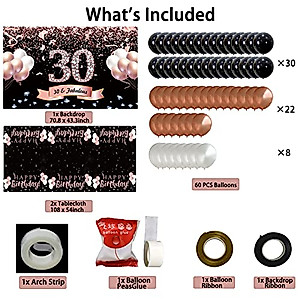 Trgowaul 30th Birthday Decorations for Women - Black and Rose Gold Happy 30th Birthday Backdrop Banner, 2 Pcs Happy Birthday Tablecloth, 60 Pcs Latex Confetti Balloons, 30 Years Old Birthday Party Supplies 30 Birthday Gifts for her
