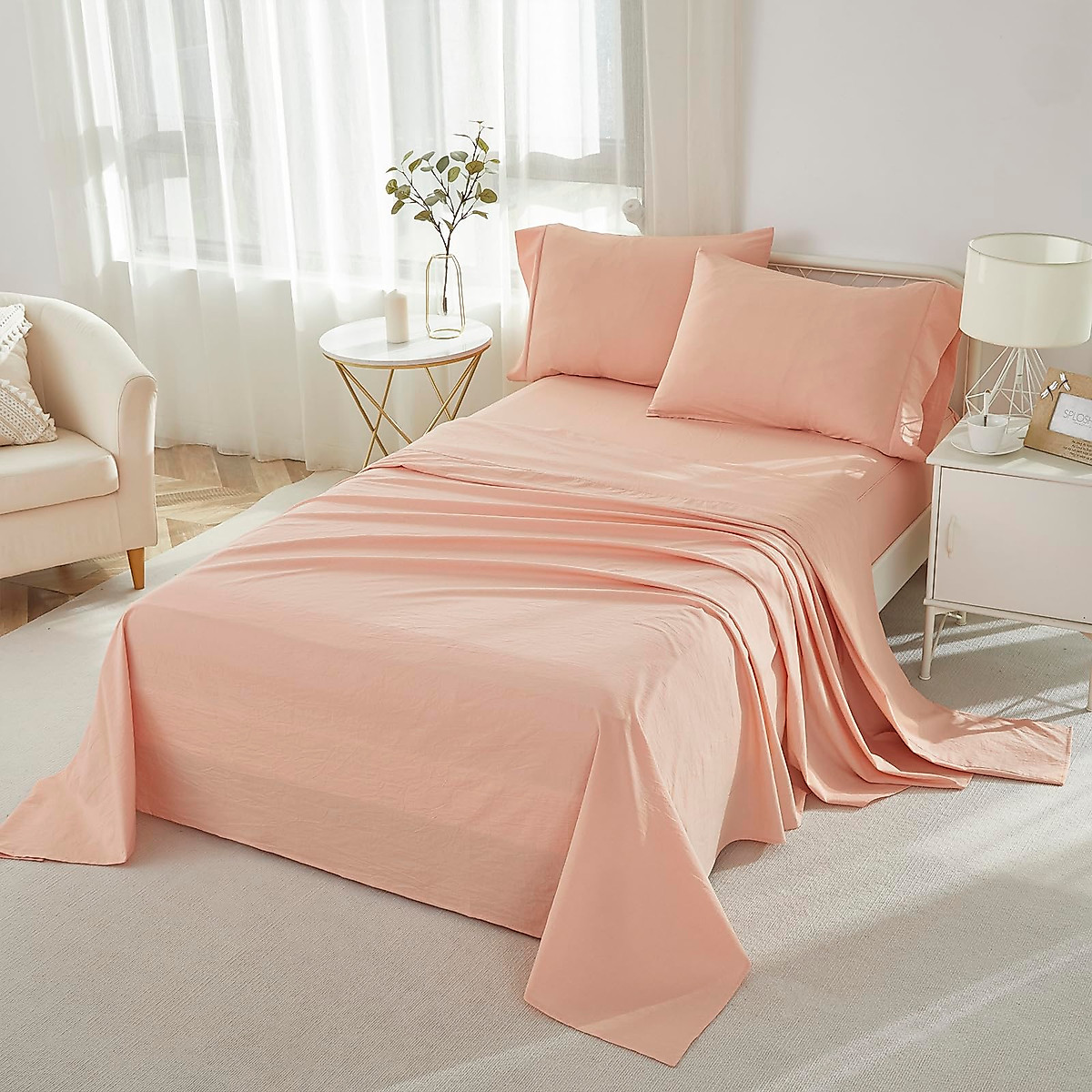Brandream Full Size 4 Piece Bedding Sheet Set - Breathable & Cooling Bed Sheets - Luxury Bed Sheets for Kids, Teens, Women & Men - Deep Pockets 100% Cotton Linen Like Textured Durable Soft (Blush)