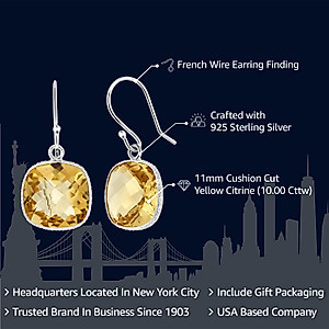 Gem Stone King 925 Sterling Silver Yellow Citrine Stud Dangle Earrings For Women (10.00 Cttw, Gemstone Birthstone, 11MM Cushion Cut)