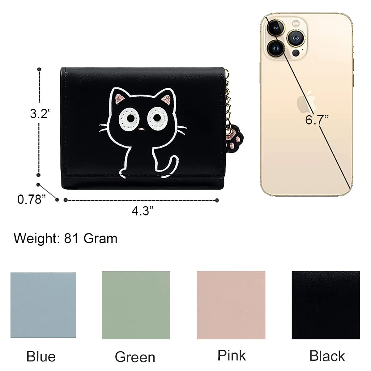 Sunwel Fashion Cute Little Cat Pattern Small Wallet Credit Card Holder Cash Pockets ID Window with Paw Pendant (BLACK, Tri-fold)