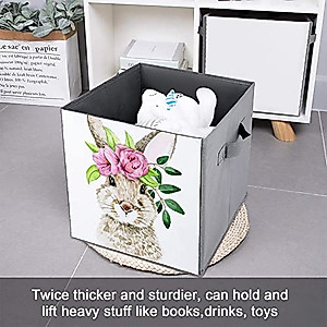 DamTma Rabbit with Spring Flowers Collapsible Storage Cubes Easter Bunny 10.6 Inch Fabric Storage Bins Storage Cubes with Handles Basket Storage Organizer for Clothes Pet Toys