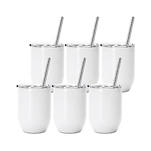 PYD Life Sublimation Wine Kids Tumblers Blanks Straight Bulk 15 OZ Glossy White with Leakproof Lid and Straw Stainless Steel for Cricut Mug Press Tumbler Heat Press 6 Pack