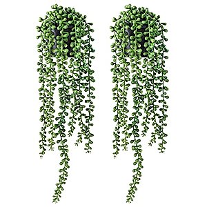 FUNARTY 2pcs Faux Plants Indoor — Artificial String of Pearls Plant in Black Pots, Realistic Green Fake Hanging Plants for Shelf Decor Desk Home Garden Decorations