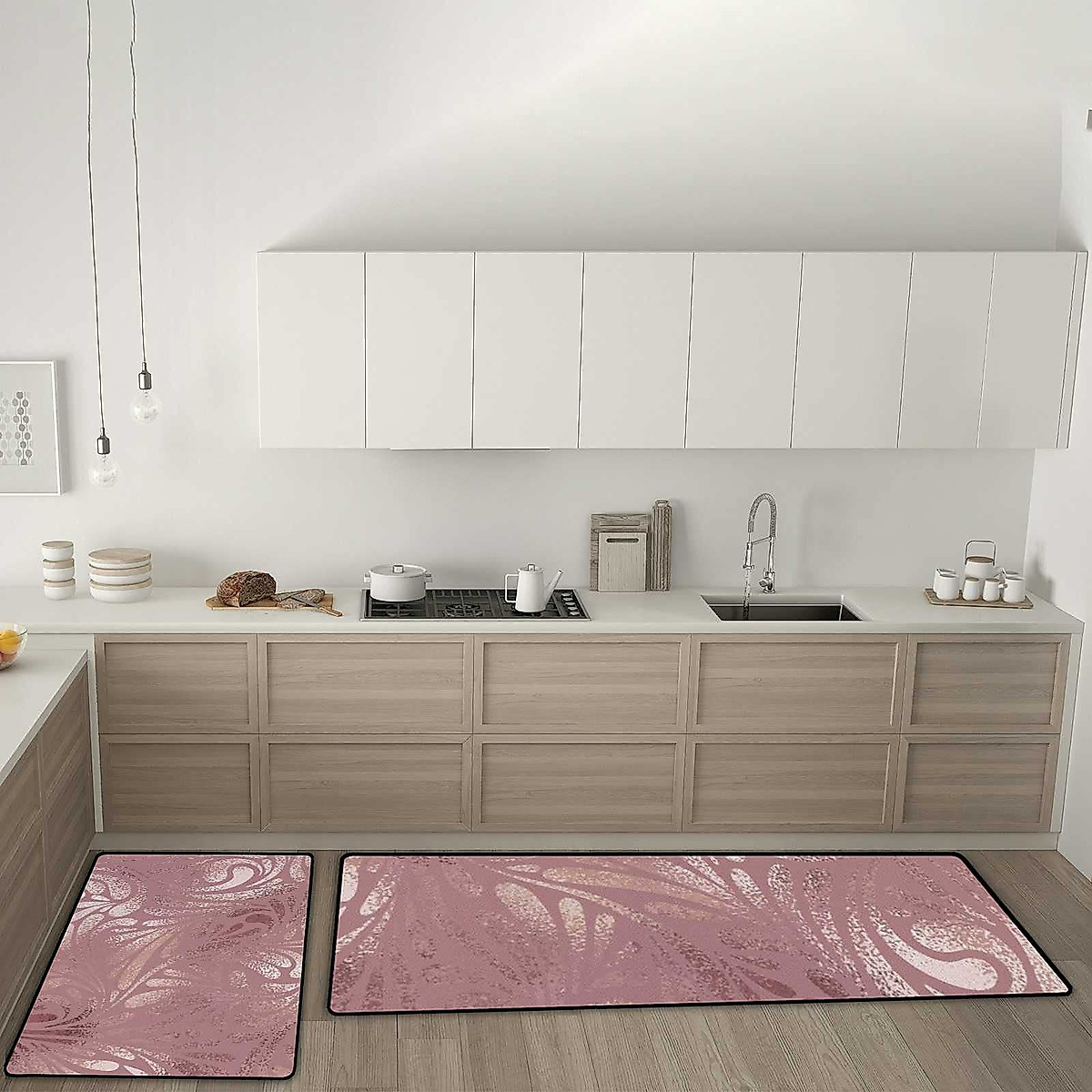 ZKLZI Kitchen Rugs Kitchen Mats for Floor 2 Pieces Rose Gold Pink Kitchen Mat Set Non Slip Soft Absorbent Coral Velvet Washable Kitchen Rug Set 17.7×29.1Inch + 17.7×58.2Inch