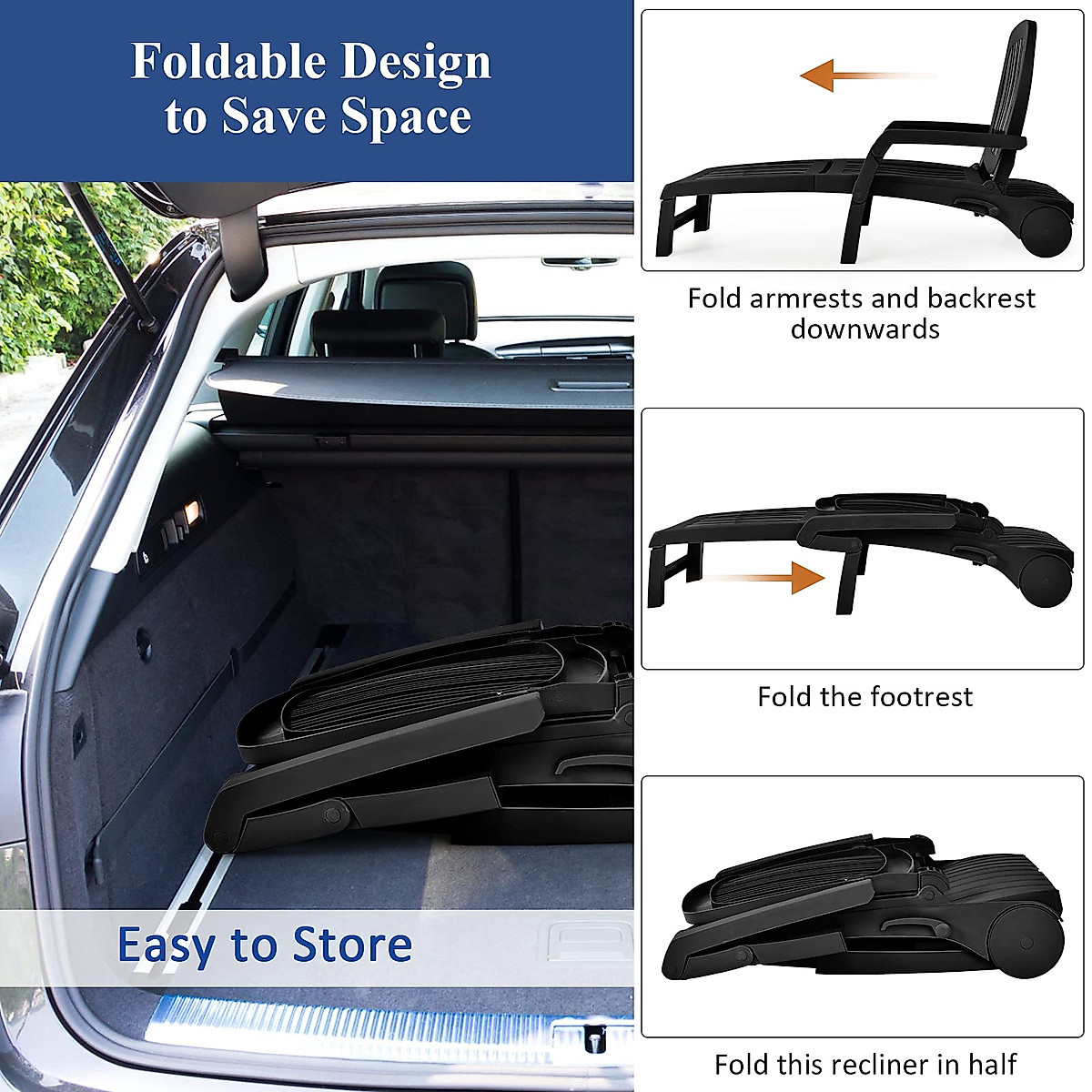 Giantex Chaise Lounge Outdoor, 6 Adjustable Backrests Lounge Chair Recliner, Outdoor Furniture for Patio Poolside Garden, Foldable Sun Lounger with Wheels (2, Black)