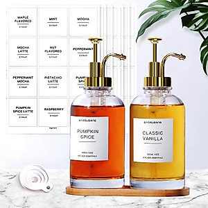 Syrup Dispenser, Coffee Syrup Dispenser for Coffee Bar, Simple Glass Syrup Bottle w 84 Labels and Bamboo Tray, Syrup Pump Dispenser 16.9 oz 500 ml, Set of 2, Gold, Coffee Bar Accessory