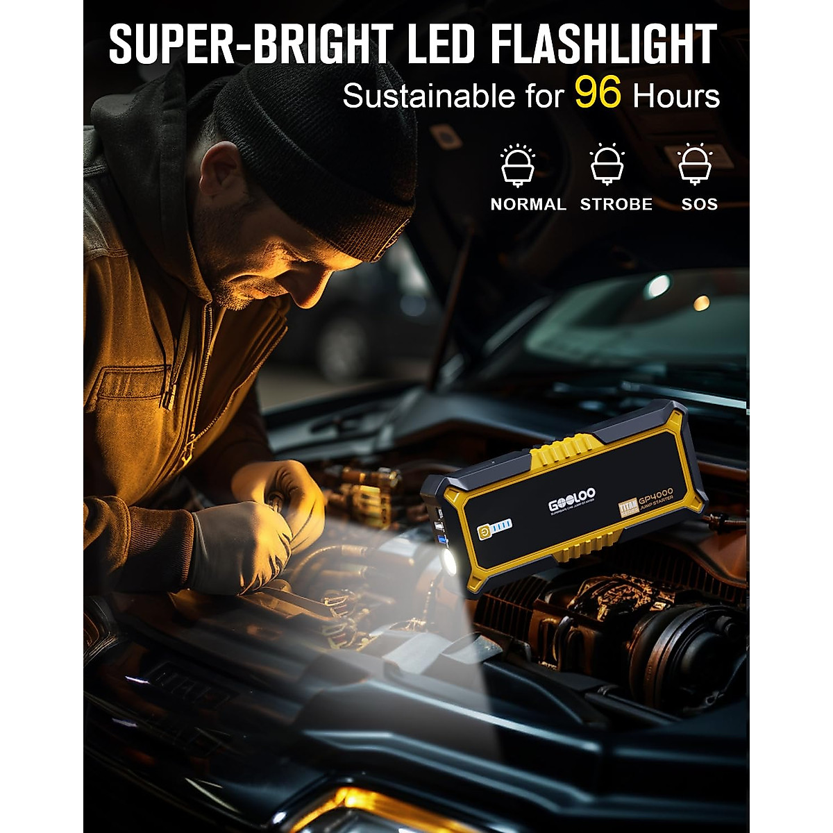 GOOLOO GP4000 Jump Starter 4000A Peak Car Starter (All Gas,up to 10.0L Diesel Engine) SuperSafe 12V Lithium Jump Box,Auto Battery Booster Pack,Portable Power Bank with USB Quick Charge and Type C Port