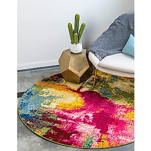 Unique Loom Estrella Collection Colorful, Abstract, Watercolor, Modern, Eclectic Area Rug, 6 ft x 6 ft, Multi/Beige