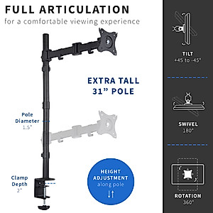 VIVO Single Monitor Desk Mount, Extra Tall Fully Adjustable Stand for 1 LCD Screen up to 32 inches, Ultra Wide Screens up to 38 inches, 22 lbs Capacity, STAND-V001T