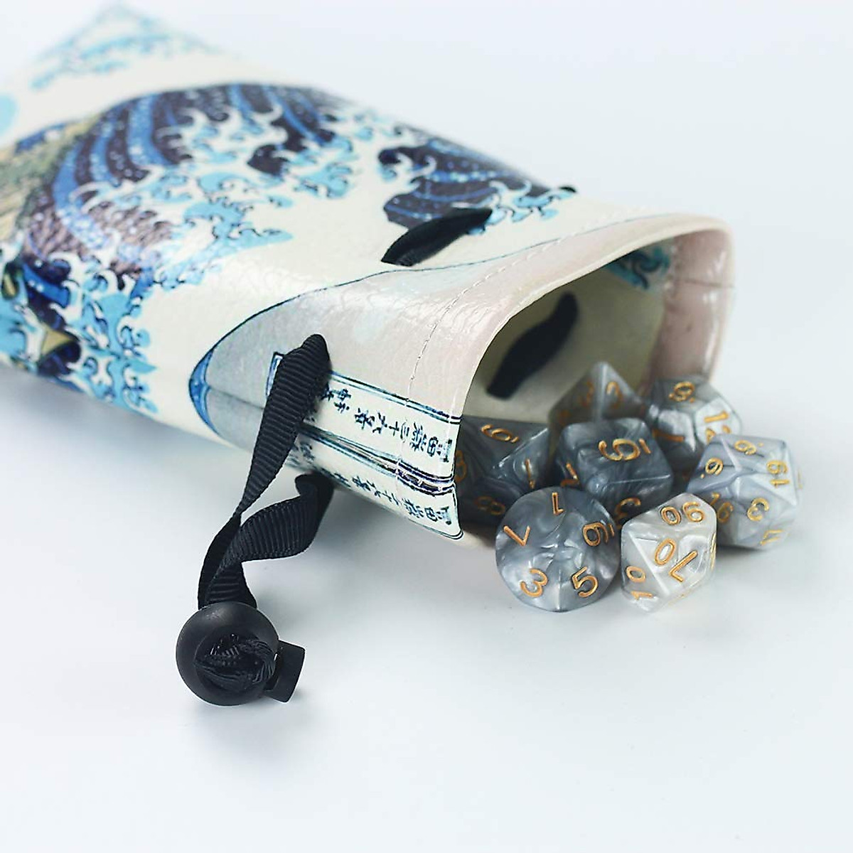 QIELIZI DND Dice Bag Pouch,PU Leather Dragon Dice Pouch Wih 7 Die Set Perfect for Dungeons and Dragons RPG D&D Dices, Coins and Accessories(Huge Wave)