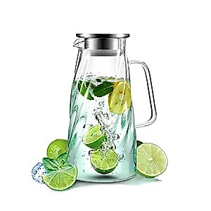 Glass Pitcher with Lid for Fridge Iced Tea Pitcher 57 OZ 1.7L Sun Tea Pitcher Gallon Pitcher Water Beverage Pitcher Carafe Juice Jug Hot/Cold Drink, Milk