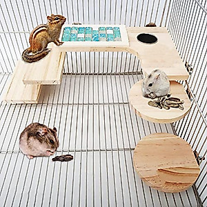 BNOSDM Wooden Hamster Cage Platform Set Wood Chinchilla Ledges and Platforms Rectangle L-Shaped Round Cage Accessories with Cooling Standing Board&Food Cup for Mouse Squirrel Gerbil Guinea Pig
