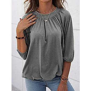 Grlasen Women's Solid Crew Neck T Shirt Blouse Cotton Half Sleeve 3/4 Sleeve Casual Loose Pleated Basic Tops