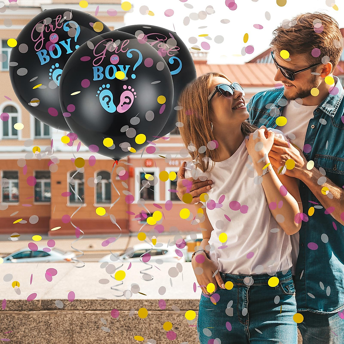 TIESOME 2 Pack Gender Reveal Balloons, 36 Inch Big Black Balloons Boy or Girl Balloon with Pink and Blue Heart-Shaped Confetti for Baby Shower Gender Reveal Party Decorations