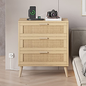 Irontar Rattan Nightstand with Charging Station, Night Stand with 3 Large Rattan Drawers, Accent End Table, Bedside Table with Solid Wooden Legs for Bedroom, Natural BZZ006ME