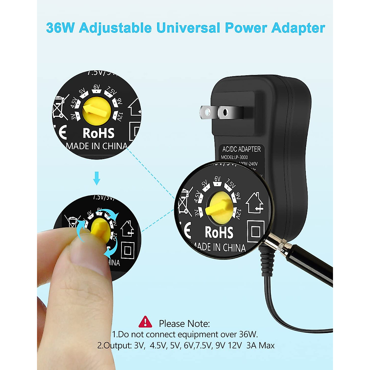Aclorol 36W Universal AC/DC Power Adapter 3~12V 3A Adjustable Power Supply 100V-240V AC to DC 3V-12V 9V 7.5V 6V 5V 4.5V 3V 3A 2.5A 2A 1A Converter Switching with Polarity Converter & 14 Tips