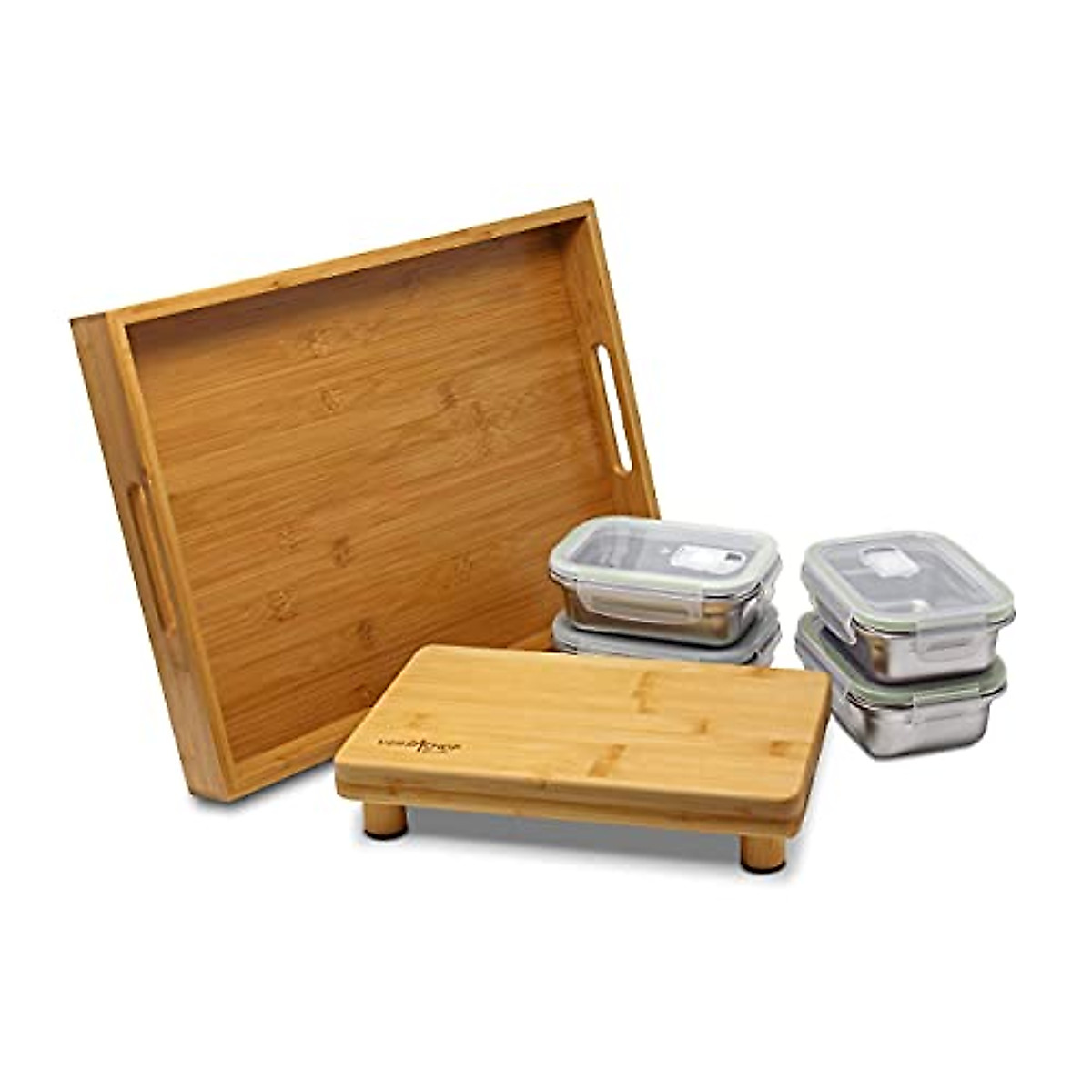 VERSACHOP Quattro - Totally natural organic bamboo cutting board with included stainless steel lunch boxes with airtight lids and serving tray. Perfect for meal prep, storage and organization.