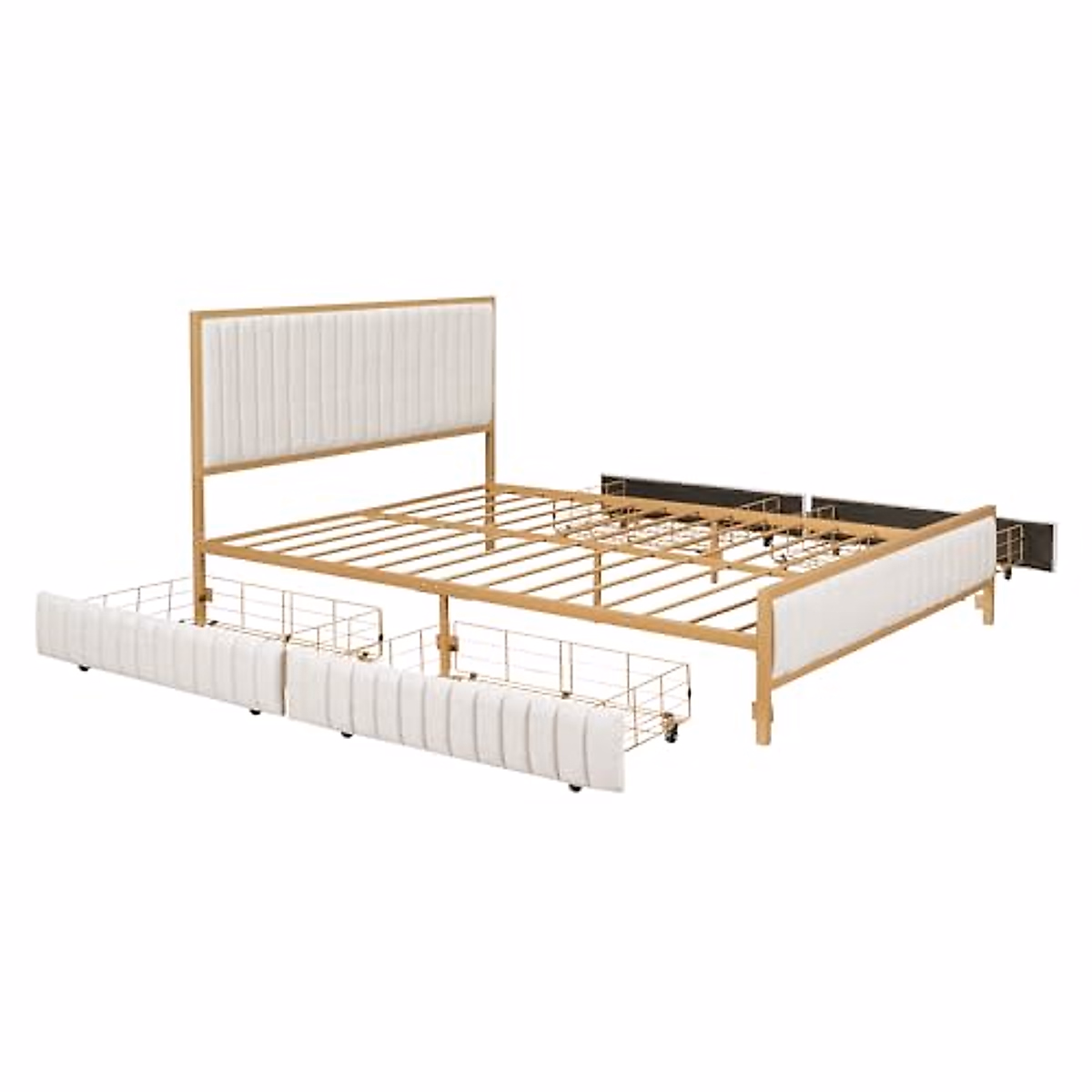 HBRR Queen Size Upholstered Bed with 4 Storage Drawers, Metal Platform Bed Frame with Button Tufted Headboard, Heavy Duty Mattress Foundation, No Box Spring Needed, Beige
