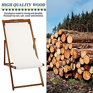 Dkelincs Beach Sling Chair Set of 2, Outdoor Folding Wood Sling Chair with White Polyester Canvas and Sturdy Wooden Frame, 3 Level Adjustable Height Patio Lounge Chair